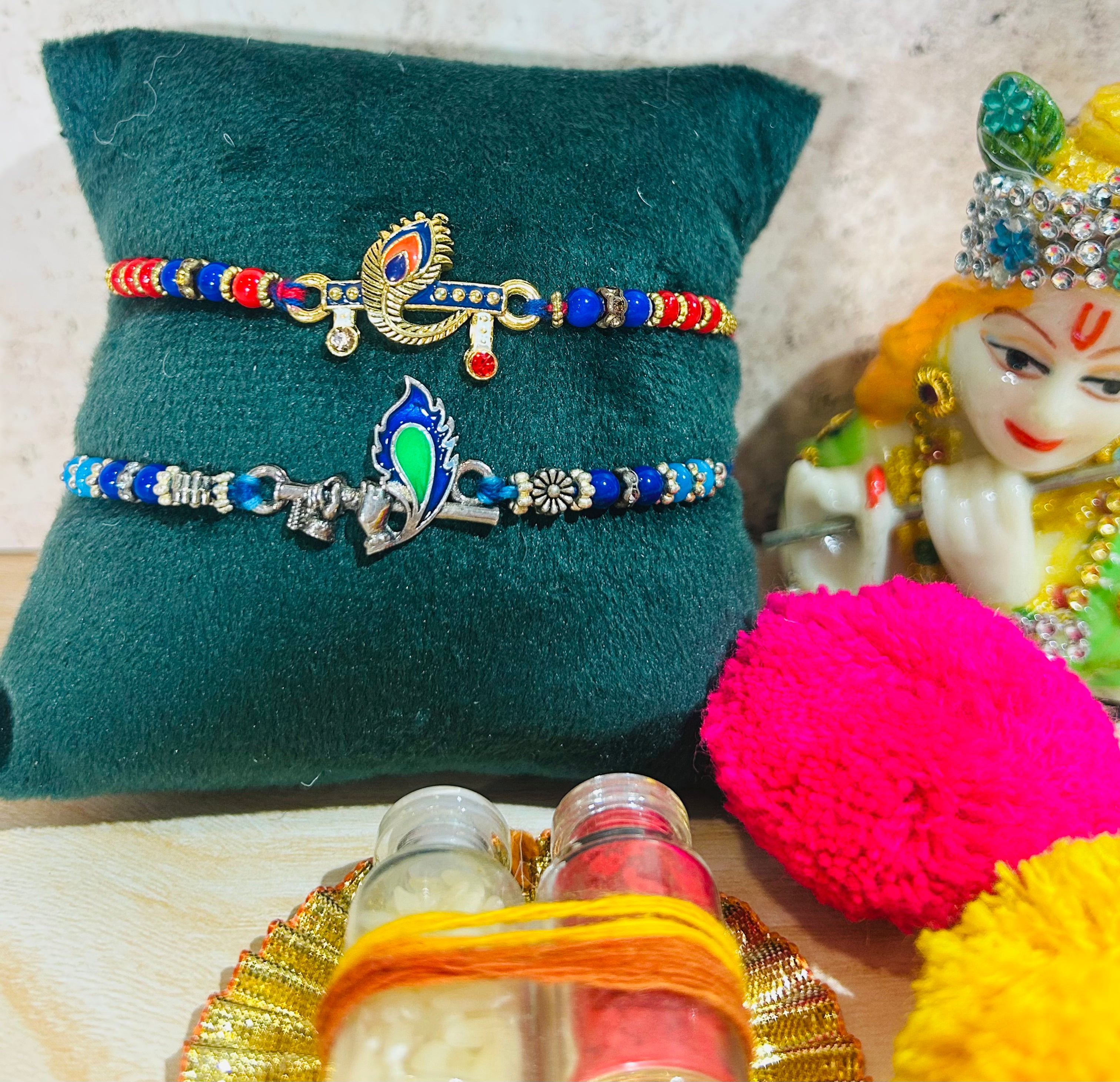 Krishna Bansuri & Morpankhi Rakhi Set – Divine Rakhis with Roli Chawal ...