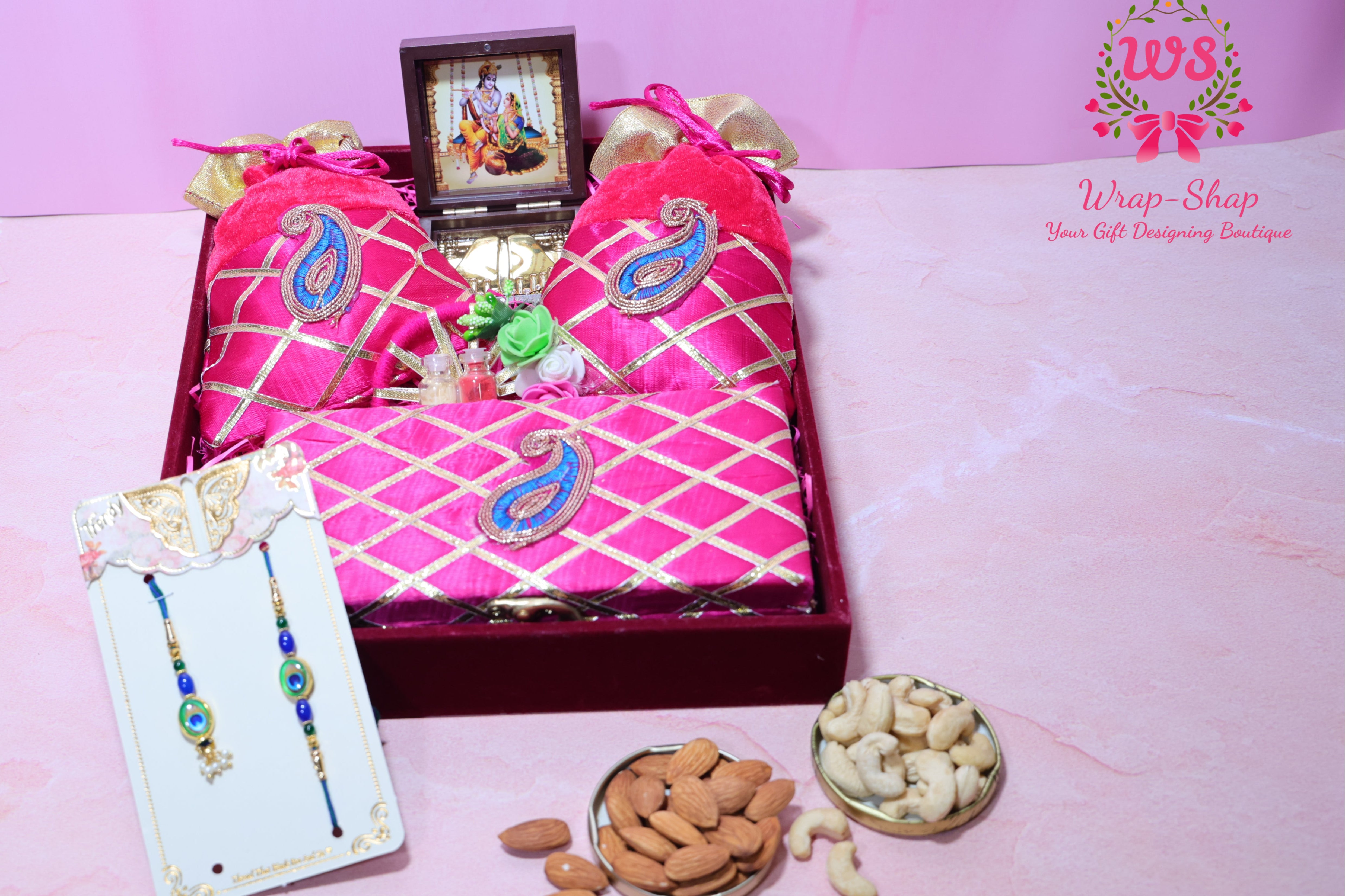 Bhaiya Bhabhi Rakhi Gift Hamper with Dry Fruits, Charan Paduka & Om ...