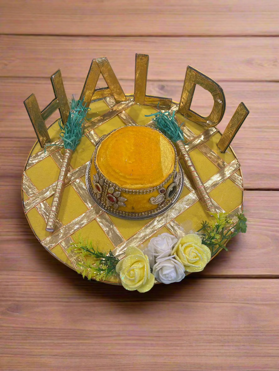 Yellow Haldi Platter with Floral Decor & Steel Bowl – Haldi Ceremony ...